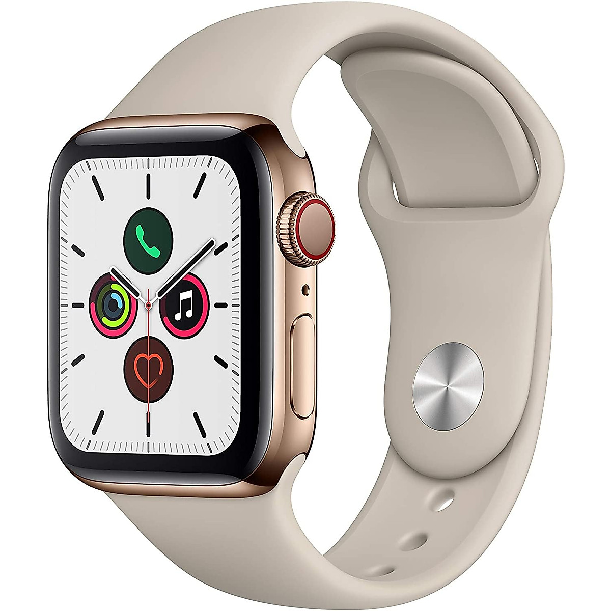 Apple Watch Series 5 (GPS + Cellular, 40MM) - Gold Stainless Steel Case with Stone Sport Band (Renewed)