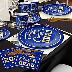 Graduation Decorations Class of 2024 Tableware Kit Blue and Gold Congrats Grad Plates and Napkins Disposable Graduation Party Supplies for Graduation Party Decorations (Blue)