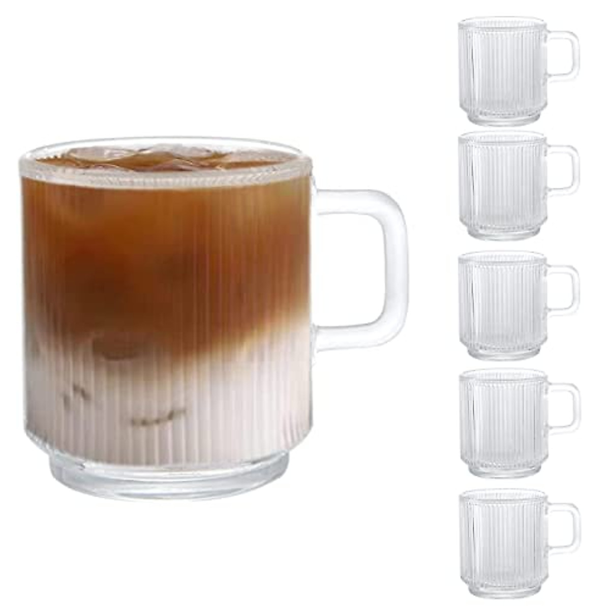 [6 PACK, 12 OZ] DESIGN•MASTER Premium Glass Coffee Mugs with Handle, Classic Vertical Stripes Tea Cup,Transparent Tea Glasses for Hot/Cold Beverages.