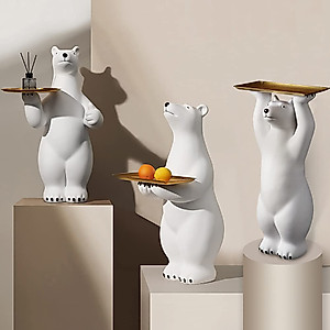 Pearlead Resin Polar Bear Sculpture with Metal Tray Animal Figurine Ornament Standing Statue Candy Dish Decorative Tray for Keys Home Office Hotel Decoration Holding