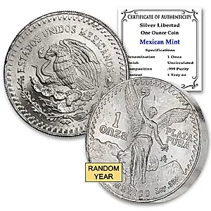 1982 - Present (Random Year) 1 oz Mexican Silver Libertad Coin Brilliant Uncirculated with Certificate of Authenticity - Moneda de Plata Pura de Ley 1 Onza BU