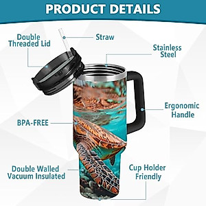 FRCSDIY Underwater Turtle Insulated Tumbler with Handle and Straw Lid,30oz Leakproof Stainless Steel Cup BPA-Free Water Bottle