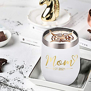 Homlouue New Parents Wine Tumbler Set, Mom Dad Est 2021 Tumbler Set for New Mom Baby Shower New Parents New Pregnancy Baby Announcement, 12 Oz Insulated Stainless Steel Wine Tumbler, Black and White