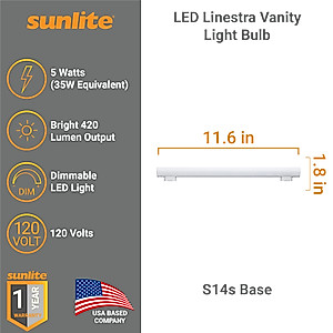 Sunlite 53149 LED Linestra Vanity Light Bulb LN35 Replacement Lightbulb, 11.6 Inches, 5 Watt (35W Equivalent), Dimmable, S14s Base, 420 Lumens, 27K-Warm White