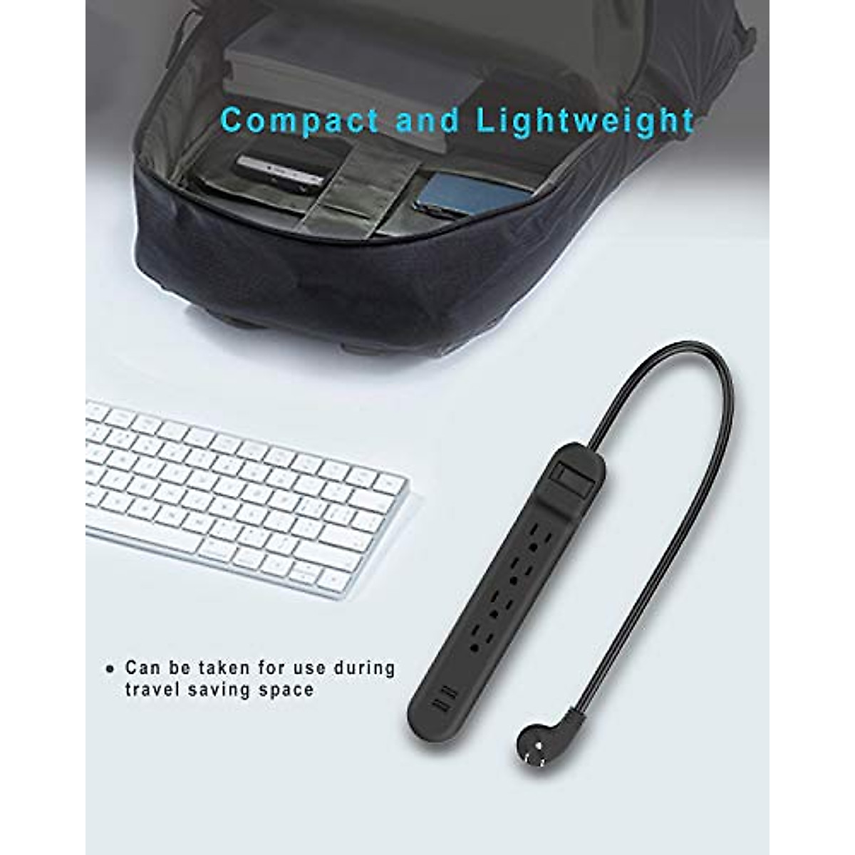 Wishinkle Surge Protector, 4 AC Multiple Plug Outlets with 2 USB Power Strip, 2.5 ft Flat Plug Extension Cord for Home, Office, Travel, School, Black