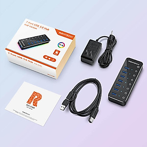 Powered USB Hub, RSHTECH RGB 7 Ports USB 3.0/USB C Hub with 14 Mode RGB LED Strip, Individual Touch Switches, 3.3ft Cable and 5V/4A Power Adapter, Aluminum Gaming USB Hub for PC and Laptop, RSH-518R