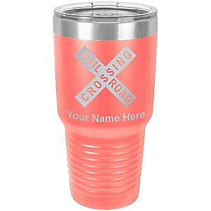 LaserGram 30oz Vacuum Insulated Tumbler Mug, Railroad Crossing Sign 1, Personalized Engraving Included (Coral)