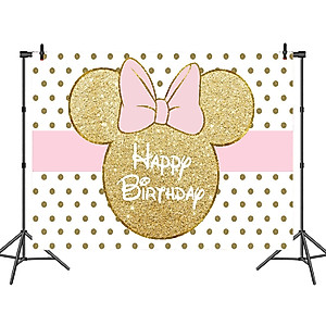 Withu Gold Mouse Backdrop Polka Dot Cartoon Pink Themed Princess Girl Birthday Party Baby Shower Newborn Photography Background Studio Props Banner 7x5ft