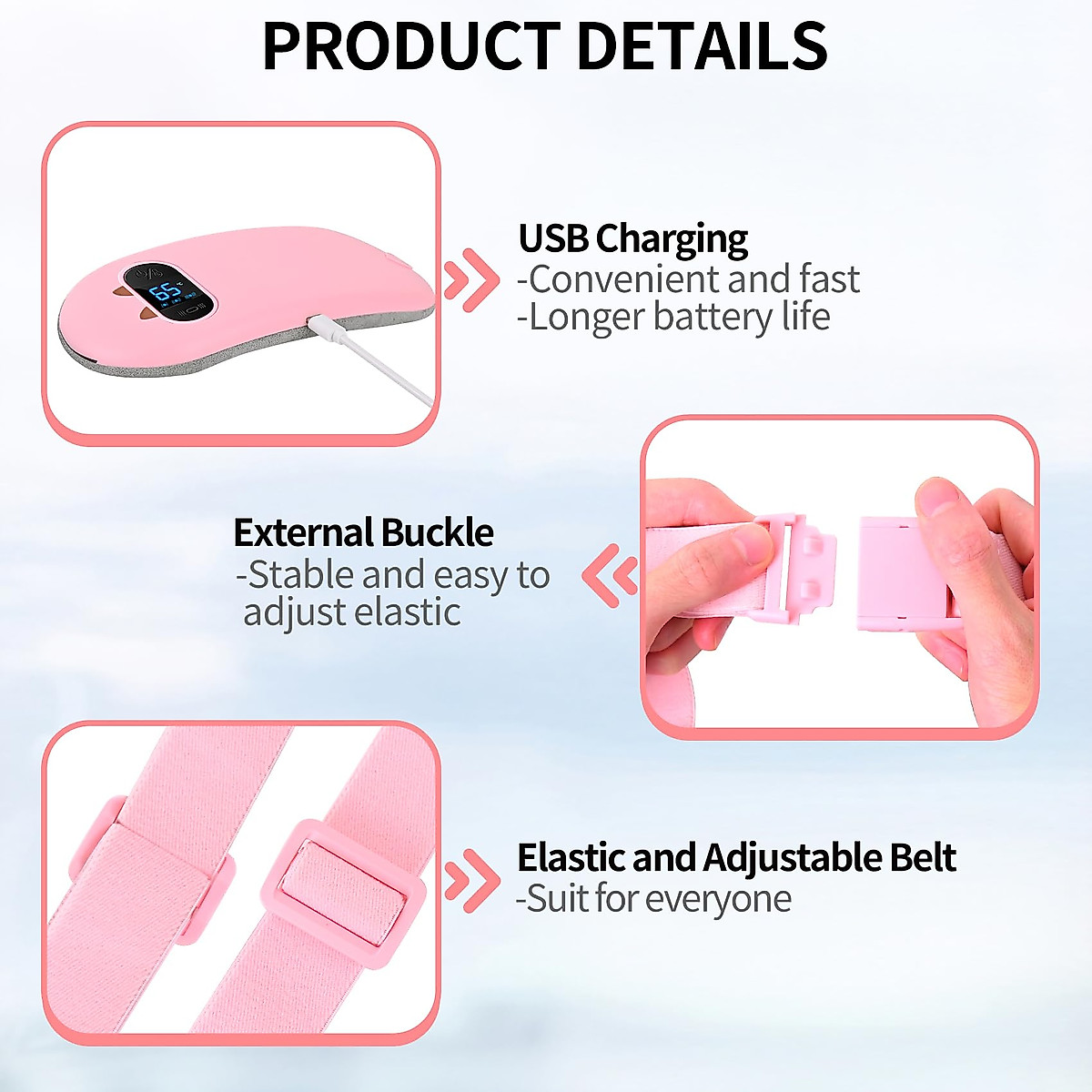 Heating Pad,Portable Cordless Heating Pad with 3 Heat Levels and 3 Massage Modes, 5s Fast Heating Pad Cramps Heat Belly Wrap Belt with Vibration Massage for Women and Girl(Pink)