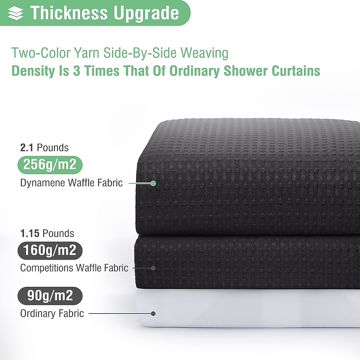 Dynamene Black Fabric Shower Curtain - Waffle Textured Heavy Duty Cloth Shower Curtains for Bathroom, 256GSM Hotel Spa Luxury Weighted Polyester Bath Curtain Set with 12 Plastic Hooks(72Wx72H, Black)