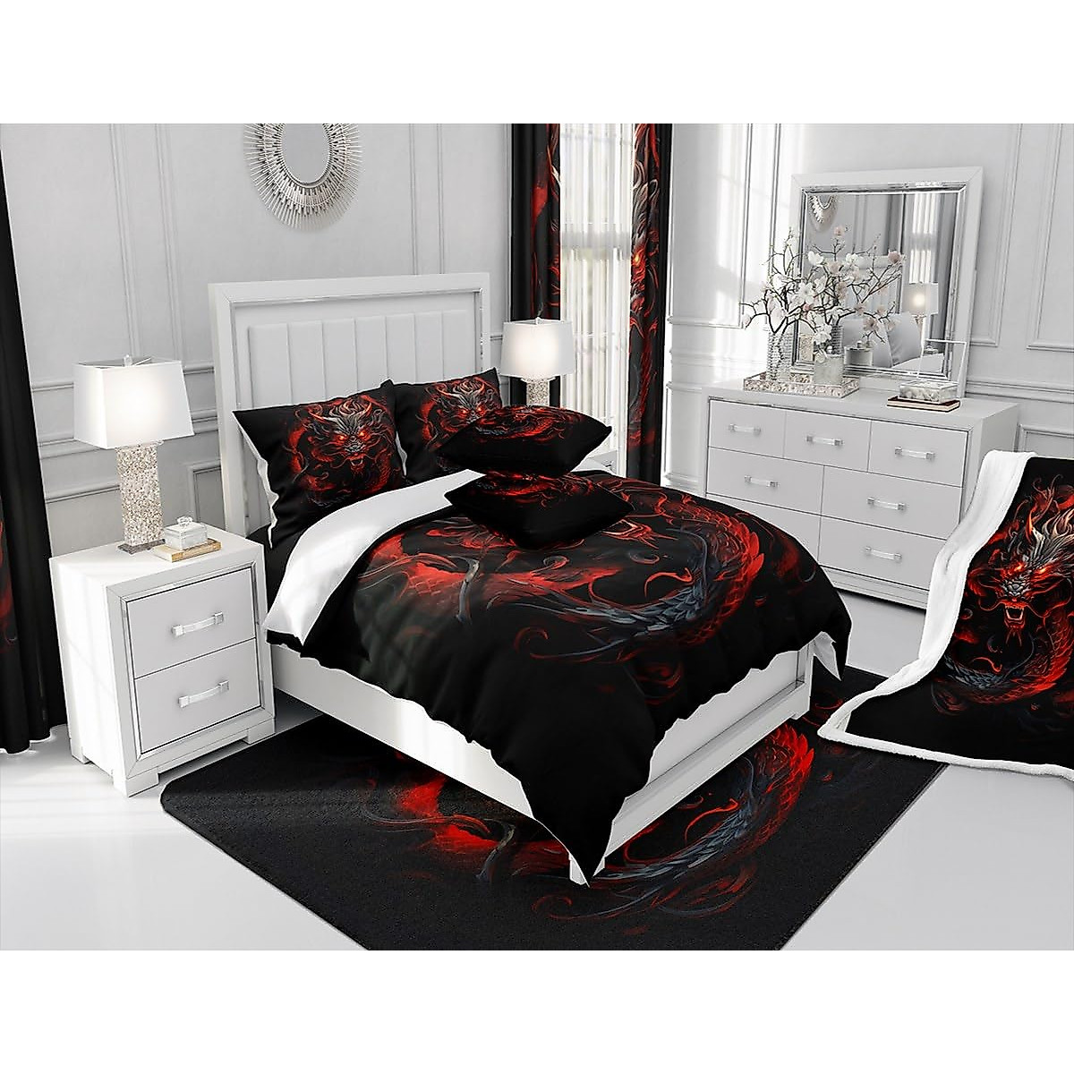 Red Black Dragon Duvet Cover Set Queen Size,Glowing Flame Dragon Bedding Set 3Pcs for Kids Boys Men Adult Bedroom Decor,Wild Animals Comforter Cover Cool Magical Style Quilt Cover,2 Pillowcases