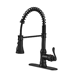 BWE Black Bathroom Faucet Matte Waterfall Sink Farmhouse Bath Vanity Single Hole Bundle with Kitchen Sink Faucet with Deck Plate Matte Black with Pull Down Sprayer 3 Spray Modes