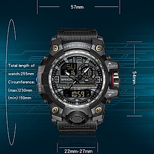 WISHFAN Men’s Military Watch, Dual-Display Waterproof Sports Digital Watch Big Wrist for Men with Alarm (black)