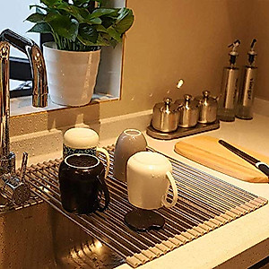 EC ELEGANTCHARM Roll Up Dish Drying Racks, Over Kitchen Sink Counter Rv Wide 17.5" x 16" Rollup Dish Rack, Foldable Stainless Steel Multipurpose Heat Resistant Rolling Dishes Drainer