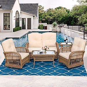 MEETWARM 5 Pieces Outdoor Patio Rattan Furniture Sets, All Weather Patio Wicker Conversation Set - 2 Rocking Swivel Chairs 1 Rattan Loveseat Glider with Cushions, 2 Glass-Top Coffee Table, Beige