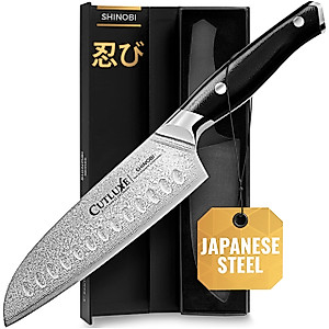 Cutluxe Shinobi Santoku Knife, Damascus Chopping Knife – 7" Japanese Blade, AUS-10 Steel – Razor Sharp Blade, Full Tang, Ergonomic G10 Handle Design