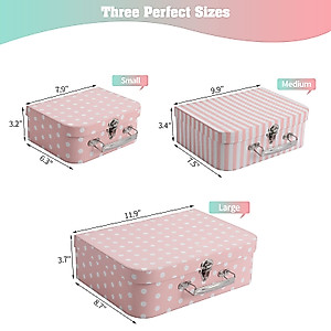 Anndason Set of 3 Paperboard Suitcases Storage Box Storage for Photo Storage Home Decoration, Wedding, Birthday, Anniversary and New Year Gift Decoration (3Pcs, Pink Dots and Stripes)