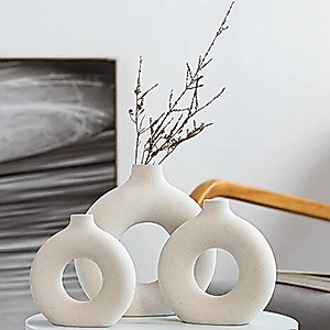 Ceramic Hollow Donut Vase Set of 3 for Pampas Grass | Neutral Modern Home Decor, Small Boho Minimalist Round White | Japandi Clay Beige Decorative for Bedroom, Living, Wedding, Office, Coffee Table