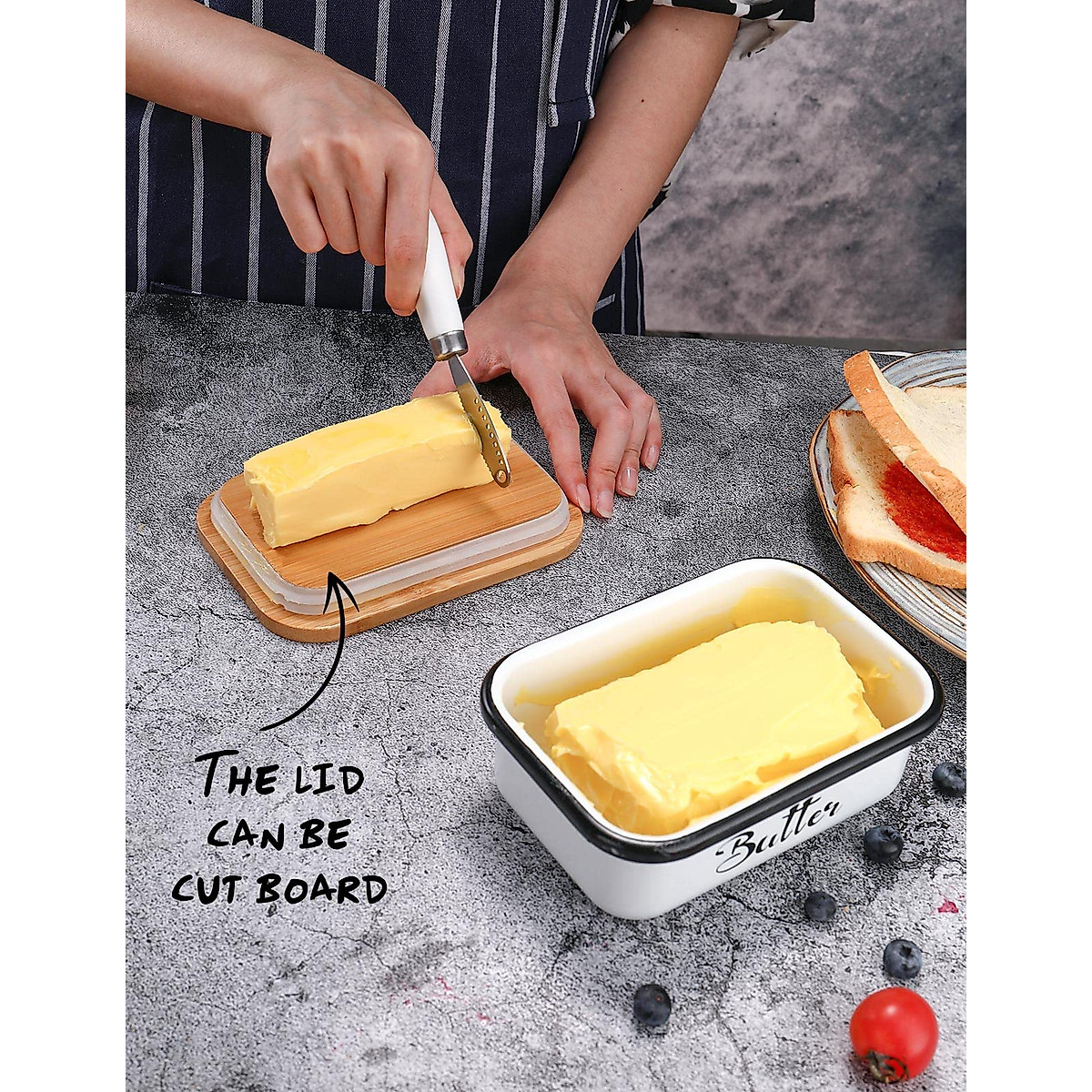 AISBUGUR Large Butter Dish with Lid for Countertop, Metal Butter Keeper with Stainless Steel Multipurpose Butter Knife, Butter Container with Double High-quality Silicone Good Kitchen Gift White