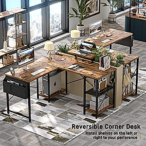 Aheaplus L Shaped Desk with Outlet and USB Charging Port, L-Shaped Desk with Storage Shelves Reversible Corner Computer Desk 2 Person Long Table with Monitor Stand Gaming Home Office Desk,Rustic Brown