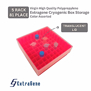 ExtraGene™ 81 Place Plastic Freezer Storage Box (Cryogenic Rack holder) for Microcenrifuge tubes 1.5/2 ml and Cryovials Assorted Color 5/Pack