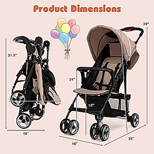 HONEY JOY Lightweight Stroller, Compact Travel Stroller for Airplane, Toddler Fold Pushchair w/Adjustable Canopy & Backrest, Storage Basket, Umbrella Stroller for Infants (Coffee)