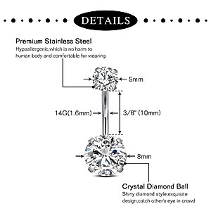 Anicina Belly Button Ring 14G Clear Diamond CZ Belly Rings Surgical Stainless Steel Navel Rings Butterfly Heart Devil Belly Button Piercing Jewelry for Women Silver