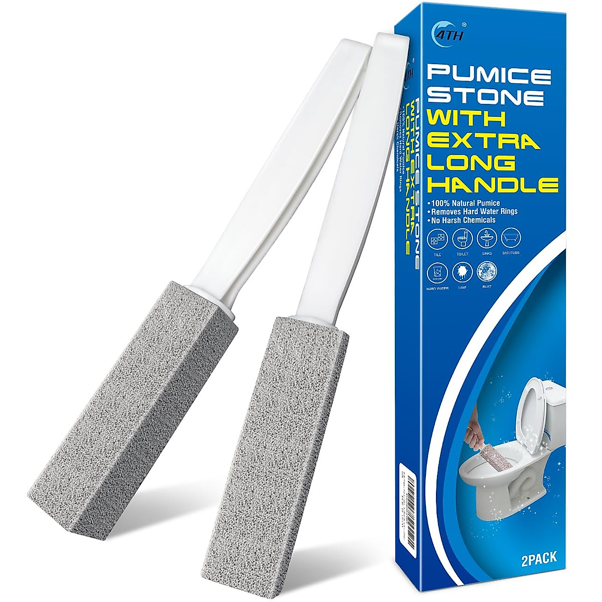 4TH Pumice Stone Toilet Bowl Cleaning Scouring Stick with Extra Large Handle,Cleans Away Limescale Stain,Hard Water Rings, Calcium,Iron and Rust. Remover for Tile/Bath/Kitchen - 2 Pack