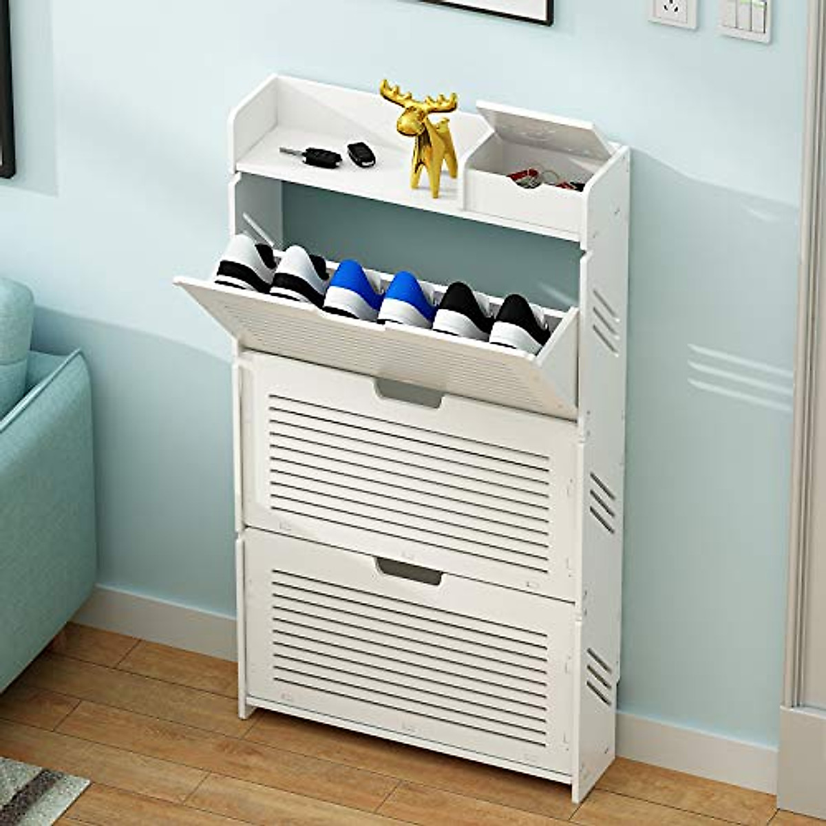 CNCEST 3 Level Flip Shoe Cabinet, Ultra-Thin Shoe Rack Organizer Entryway Storage Cabinet Dump Bucket Shoe Cabinet for Bedroom Living Room Shoe Storage