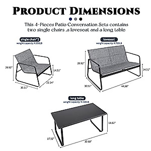 PAIQIAN 4-Pieces Patio Chairs with Table Outdoor Bistro Conversation Sets Garden Furniture for Yard Backyard Lawn Porch Poolside Balcony, Modern Grey