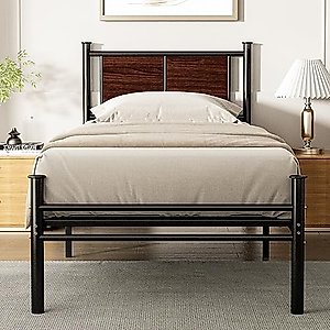 HAOARA Twin XL Size Bed Frame with Rustic Wood Headboard, Metal Heavy Duty Platform Frame, Sturdy Steel Slat Support, No Box Spring Needed, Black