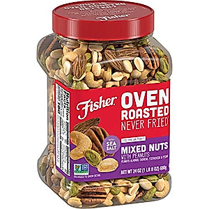 Fisher Snack Oven Roasted Never Fried Mixed Nuts with Peanuts, 24 Ounces, Peanuts, Almonds, Cashews, Pistachios, Pecans, Made With Sea Salt, Non-GMO, No Oils, Artificial Ingredients or Preservatives