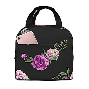 Reusable Lunch Tote Bag Watercolor Purple Floral Roses Insulated Lunch Bag Durable Cooler Lunch Box