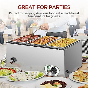 Cavlhils 3-Pan Commercial Bain Marie Buffet Steam Table Stainless Steel Food Warmer, 3x7QT 6" Deep 1500W Electric Countertop Warmers with 86-185°F Temp Control for Parties, Catering, Restaurant