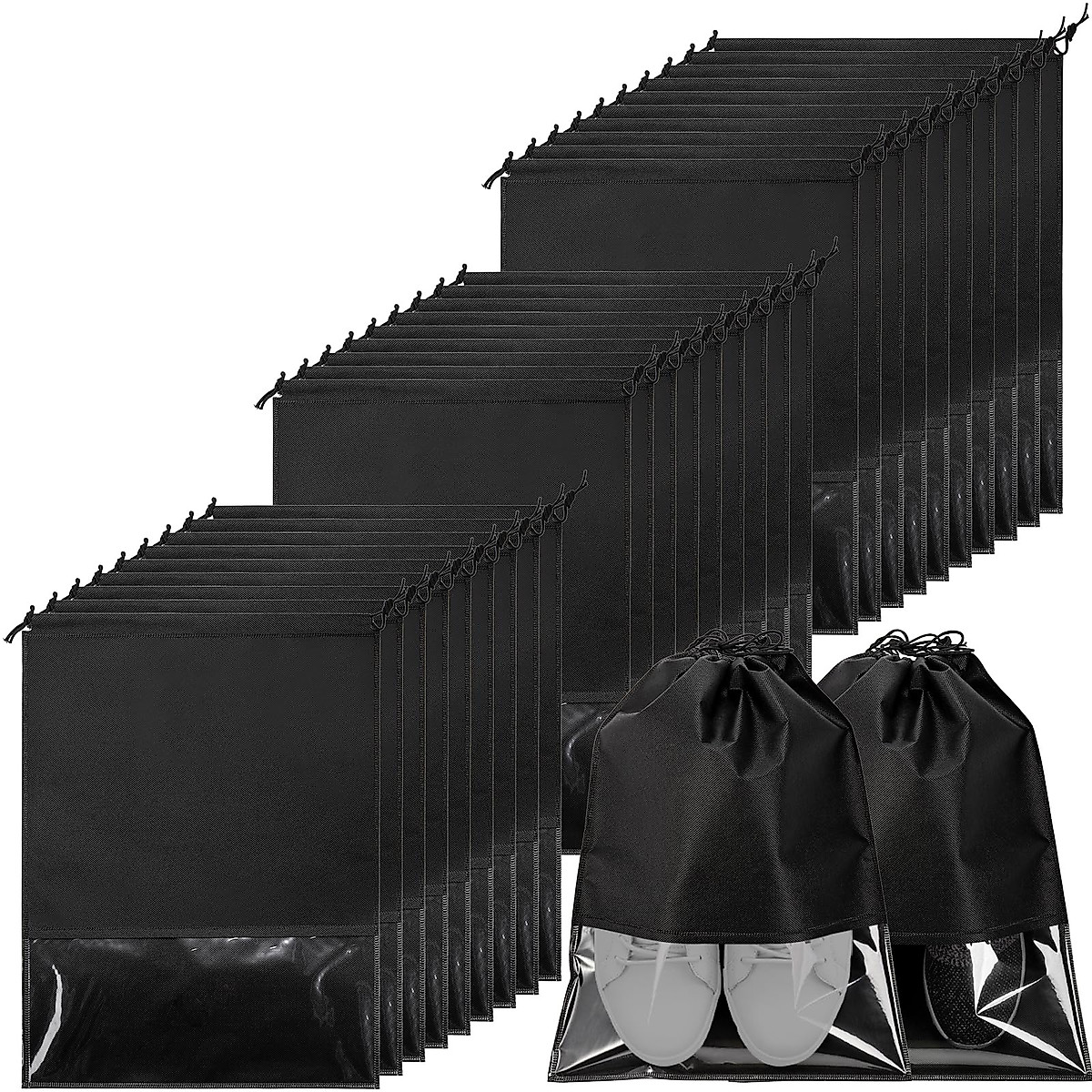 Coloch 30 Pack Non-woven Travel Shoes Bags with Rope, Black Large Shoes Packing Pouch Portable Multifunctional Organizer Bag with Clear Window for Shoes, Towel, Clothes, Toys, Home and Travel Use