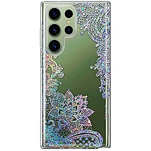 Coolwee Clear Glitter for Galaxy S23 Ultra - 6.8 inch, Thin Flower Slim Cute Crystal Lace Bling Women Girl Floral Hard Back Soft TPU Bumper Protective Cover for Samsung S23 Ultra Mandala Henna
