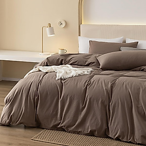 JIYUAN 100% Washed Cotton Duvet Cover Set Comfy Simple Style Soft Breathable Textured Durable Linen Feel Bedding for All Seasons Queen, Solid Brown
