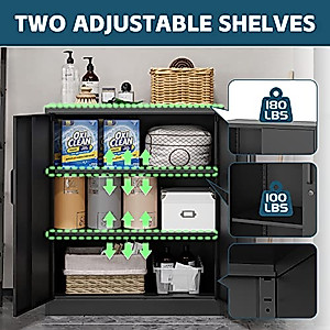 MIIIKO Metal Storage Cabinet with Locking Doors, 2-Door Metal Locker with 2 Shelves, Black Metal Cabinet with Lock for Home Office, Garage, Utility Room, Kitchen and School