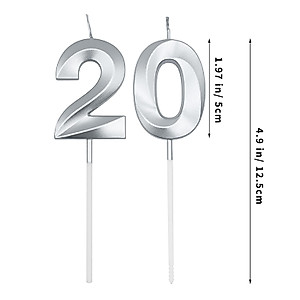 Silver 20th Birthday Candles for Cakes, Number 20 Candle Cake Cupcake Topper for Birthday Anniversary Party Decoration