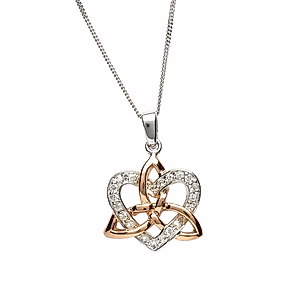 Biddy Murphy Rose Gold Celtic Trinity Knot Necklace for Women, 925 Sterling Silver Heart, Brilliant Cubic Zirconia Inlay, Irish Symbol for Love, Honor, Protection, 18", Made in Ireland