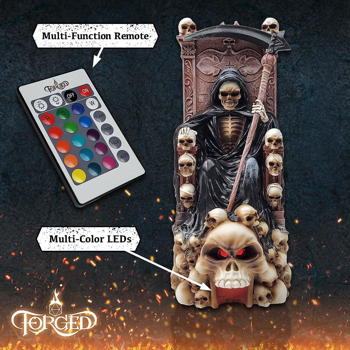 Forged Dice Co. Grim Bones Dice Tower with LED Skull - Hand Painted Grim Reaper Dice Rolling Tower Made from Heavy Duty Resin - Compatible with DND Accessories and Tabletop RPG Games