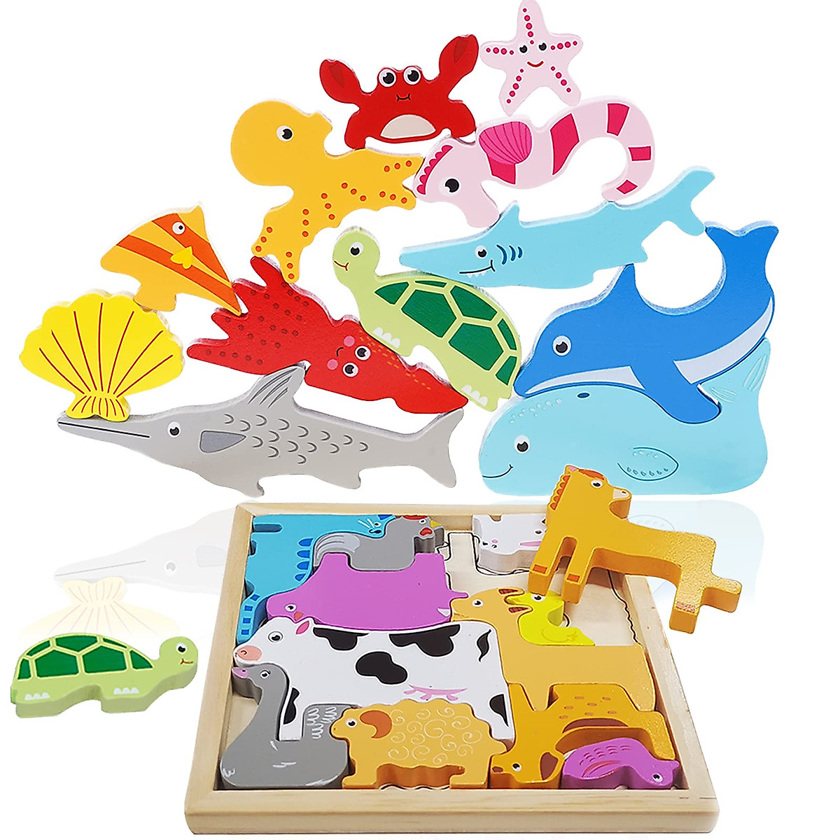 Luvios Toddler Toys Stacking Toys & Building Blocks & Farm Animals for Toddlers 1-3, Wooden Puzzles for Kids Ages 3-5 Wooden Montessori Toys Funny Gifts for 1 2 3 4 5 Year Old Boys Girls Toys