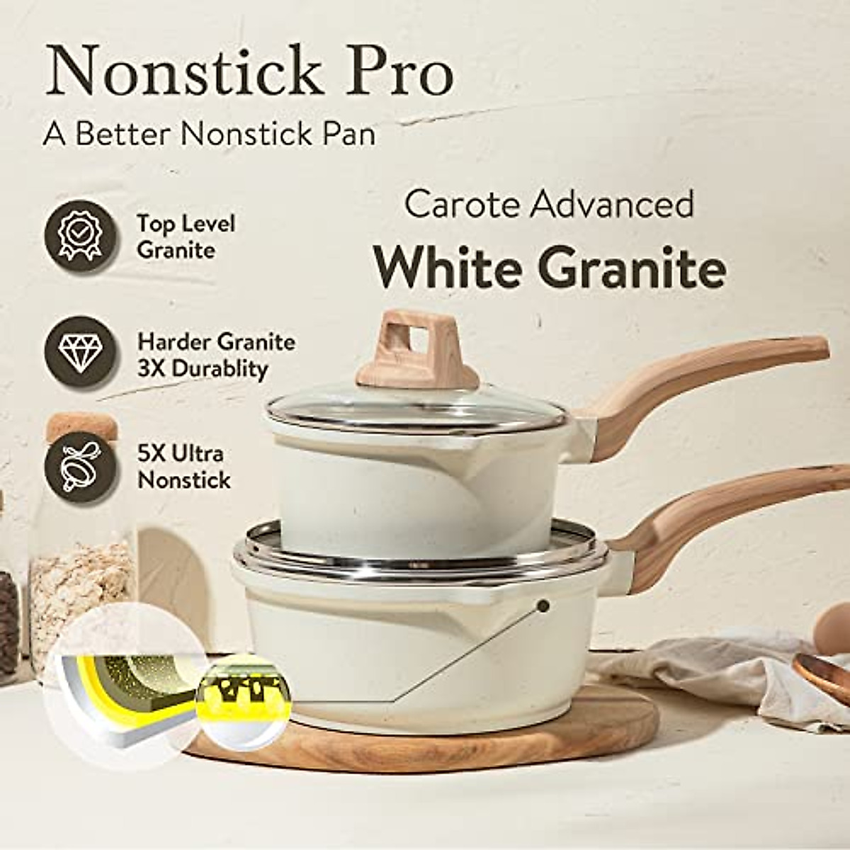 CAROTE 1.5Qt & 2.5Qt Sauce Pan Set with Lid Nonstick Saucepan 4 Pcs Non Stick Sauce Pots Cooking Pot with Pour Spout, Easy to Clean, Small Kitchen Pots Induction Pot, PFOA FREE (White Granite)