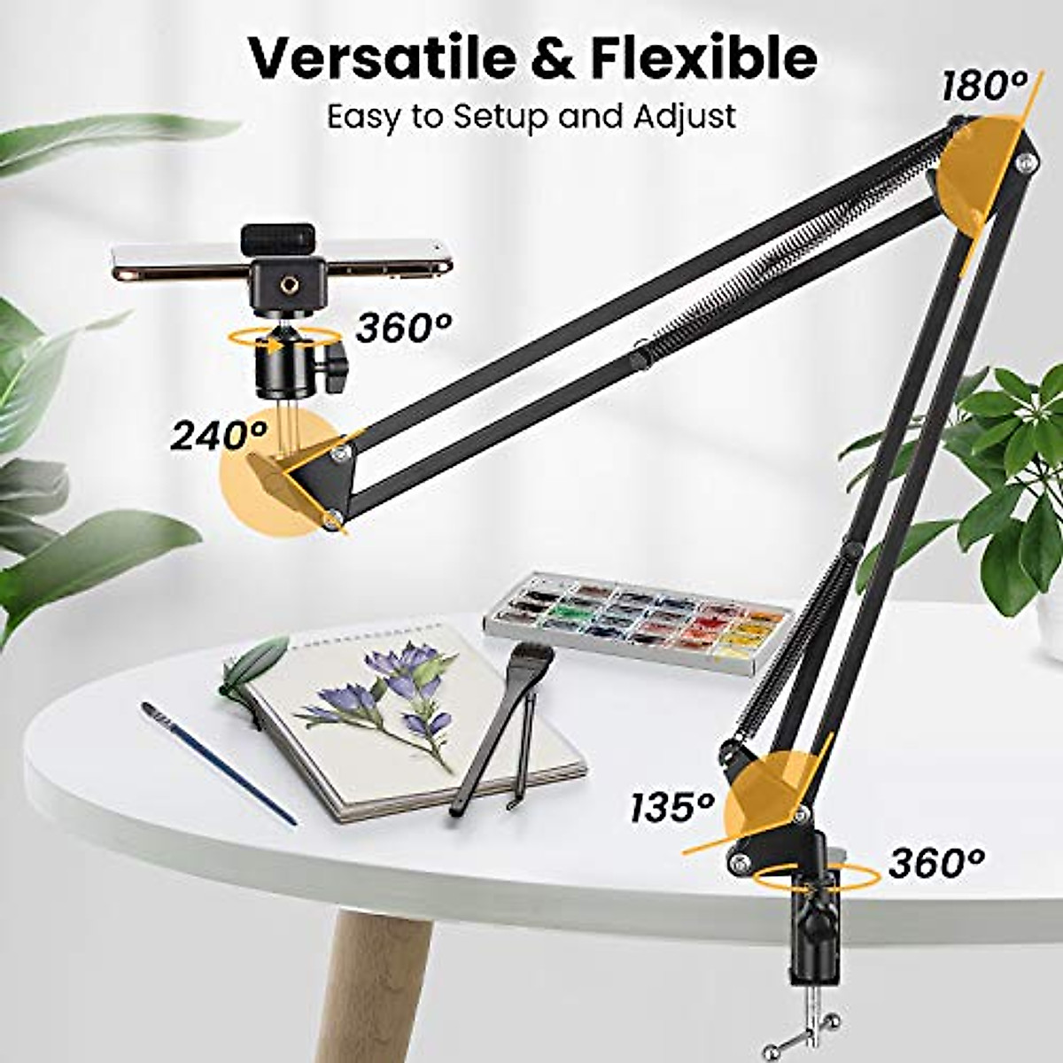 TARION Overhead Video Stand Articulating Arm Flexible Cell Phone Holder Stand Arm for Desk Table Phone Stand Holder for Overhead Video Filming Livestream Flat Photography Videography