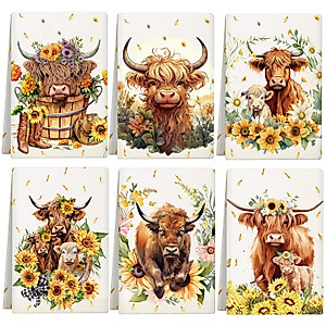 Redbaker Set of 6 Highland Cattle Kitchen Towels Highland Cow Themed Dish Towels Absorbent Farm Cattle Watercolor Floral Tea Towel Sunflower Hand Towels Housewarming Gift for Farmhouse Kitchen