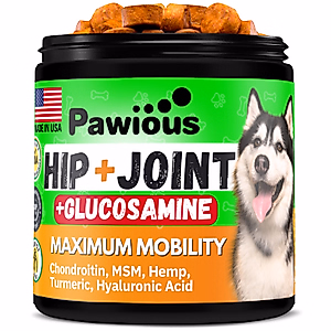 Pawious Hip and Joint Chews for Dogs - Glucosamine for Dogs - Dog Joint Pain Relief - Chondroitin, MSM, Turmeric, Hemp Oil Treats - Advanced Support Dog Joint Supplement Health - Mobility Bites