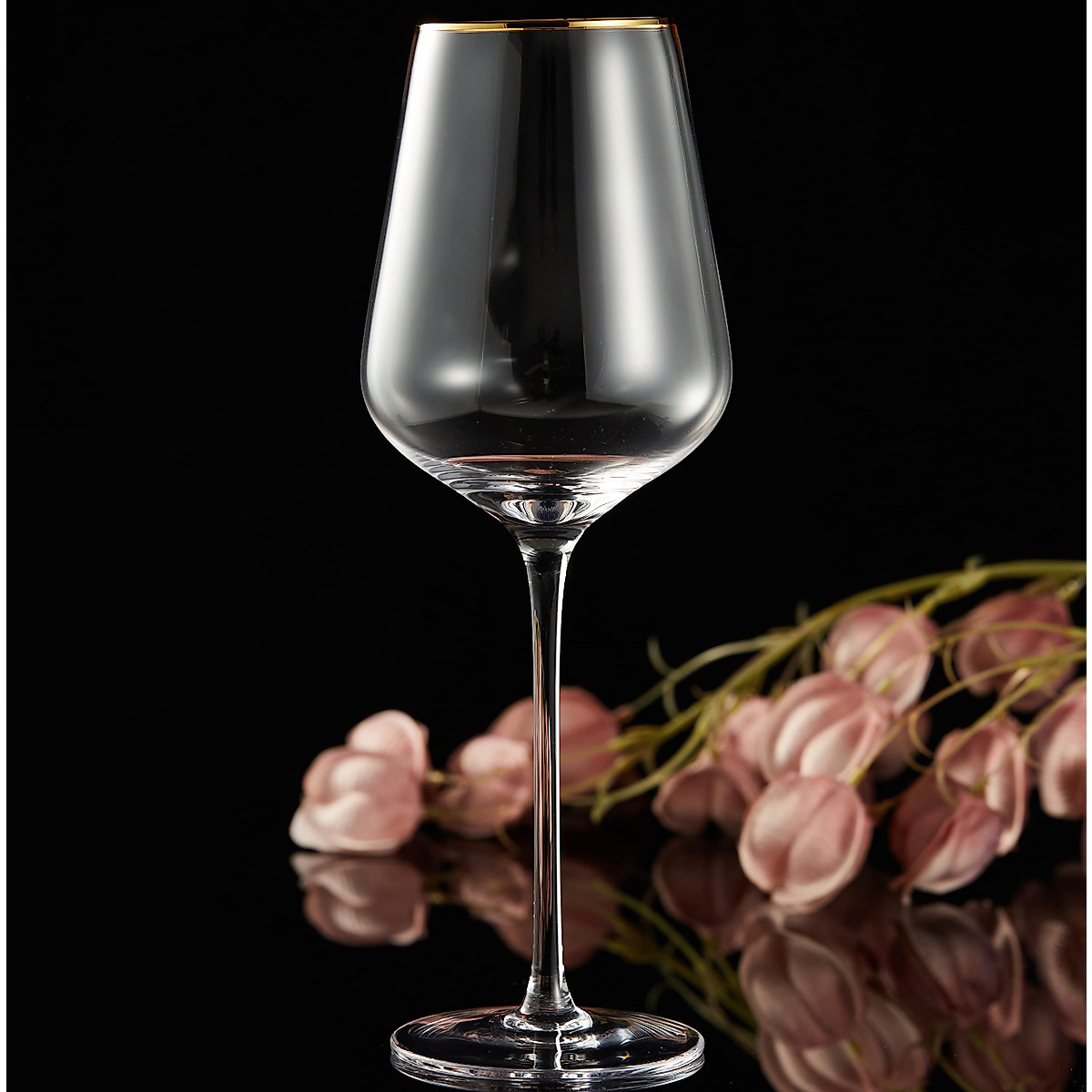 BERKWARE Premium Wine Glasses Set of 6 - Crystal Long Stem Wine Glass with Gold Rim - 15.8 oz