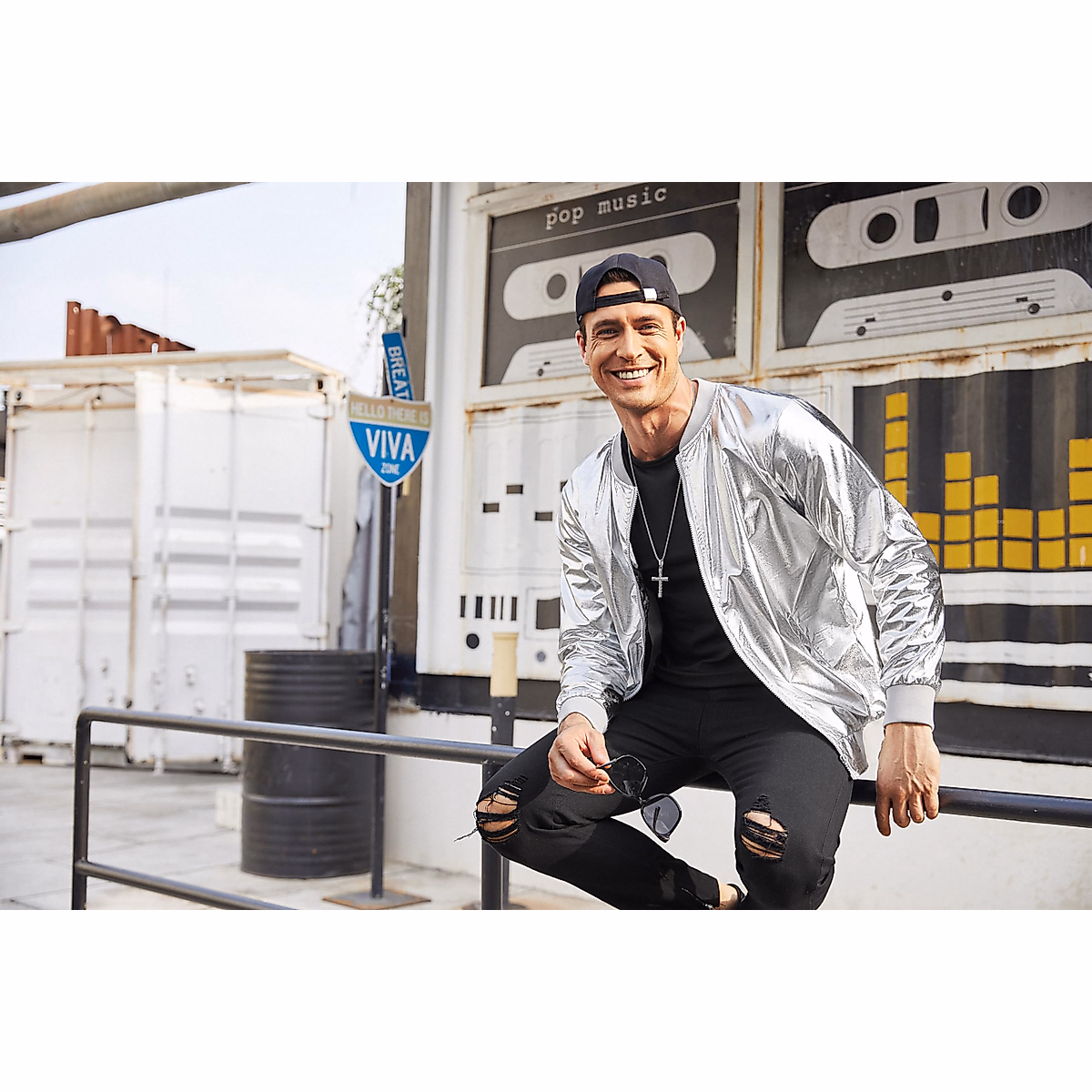 COOFANDY Mens Coat Metallic 70s Disco Party Varsity Jacket Button Zip-up Baseball Bomber