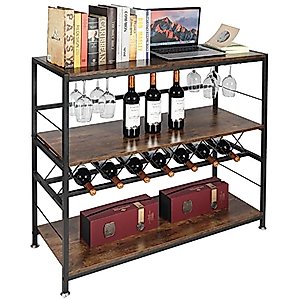 Lineslife 3-Tier Freestanding Wine Rack Table, Industrial Liquor Wine Bar Table with Glass Holder and Bottle Shelf for Living Room, Brown