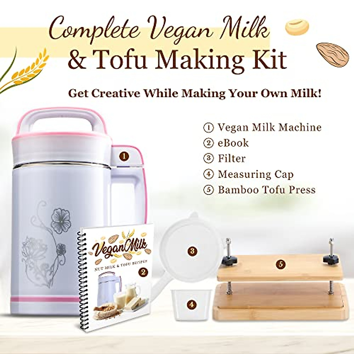 Soy Milk Maker Machine - 5 in 1 Vegan Nut Milk Maker - Nut Milk Machine Works As: Almond Milk Maker, Oat Milk Maker, Soymilk Machine, & Soup Maker Machine. Includes Tofu Making Kit w/ Tofu Press & Recipe eBook for Nut Milk & Tofu